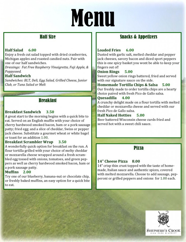 Restaurant Menu - Shepherds Crook Golf Course